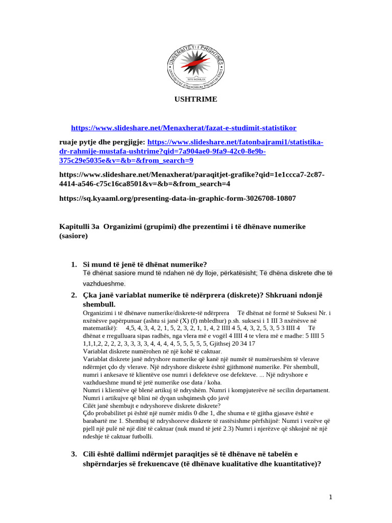 Kapitulli 3a Organizimi Grupimi Dhe Prezentimi I Të Dhënave Numerike Sasiore | PDF