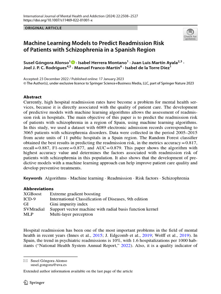 Machine Learning Models To Predict Readmission Risk of Patients With Schizophrenia in A Spanish ...