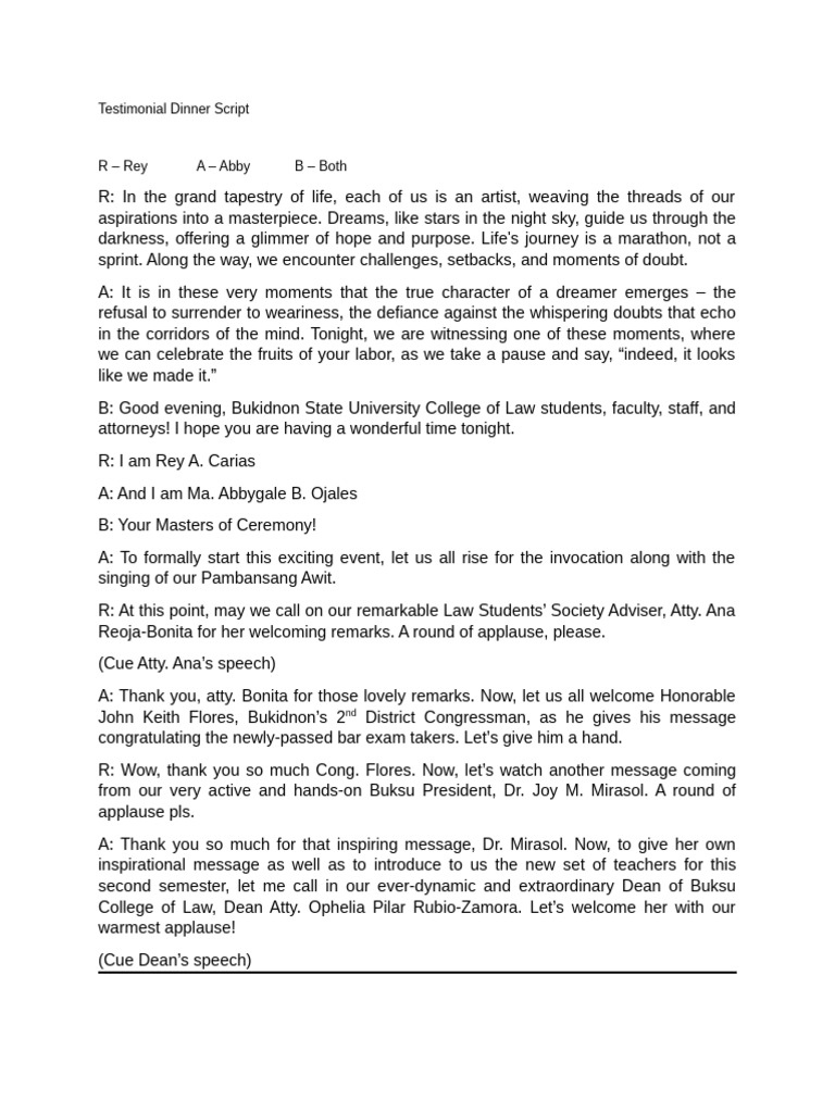 Testimonial Dinner Script for Lawyers | PDF