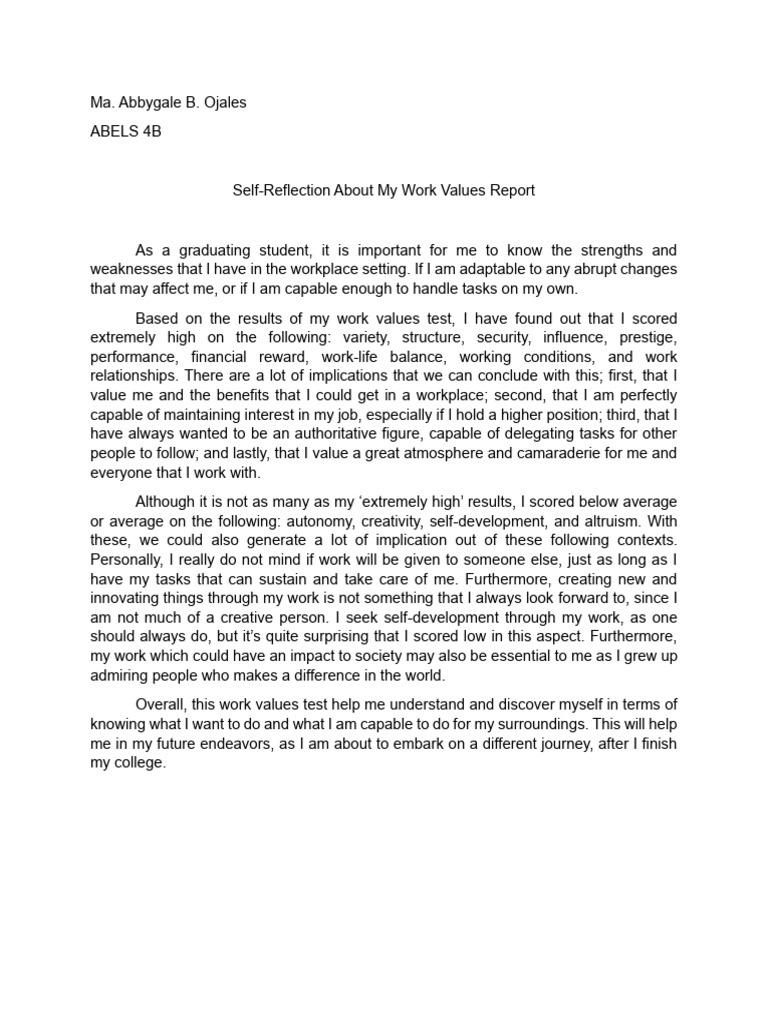 Work Values Self-Reflection Report | PDF