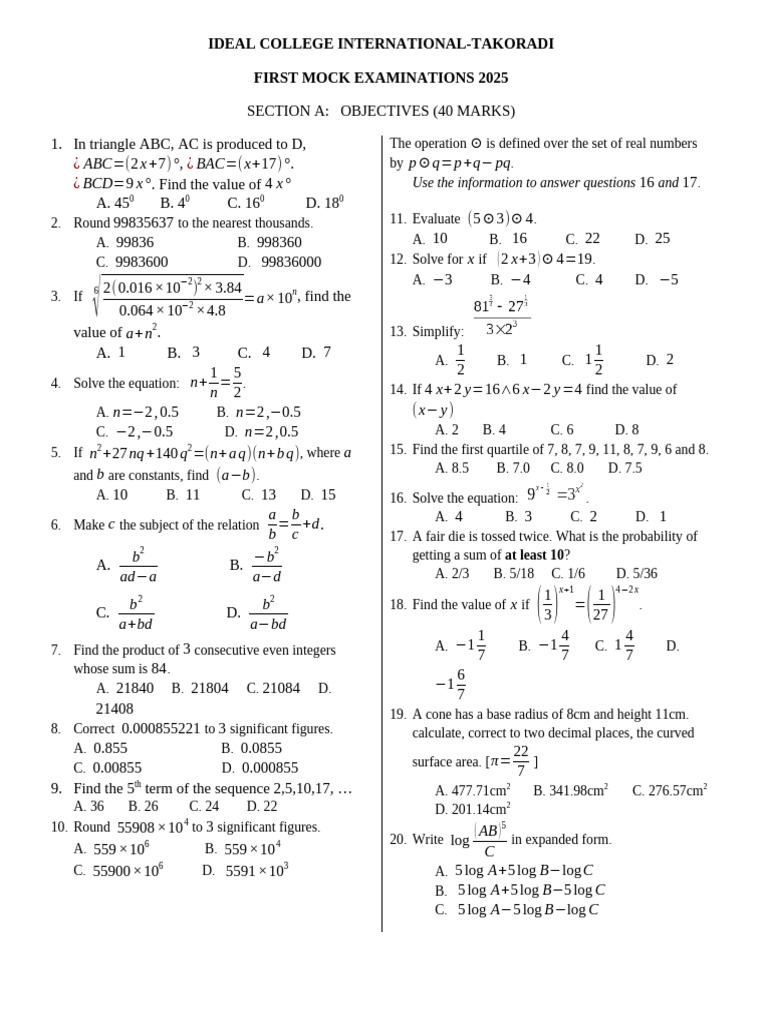 First Mock 2025 Obj c. Maths | PDF | Significant Figures | Elementary Mathematics