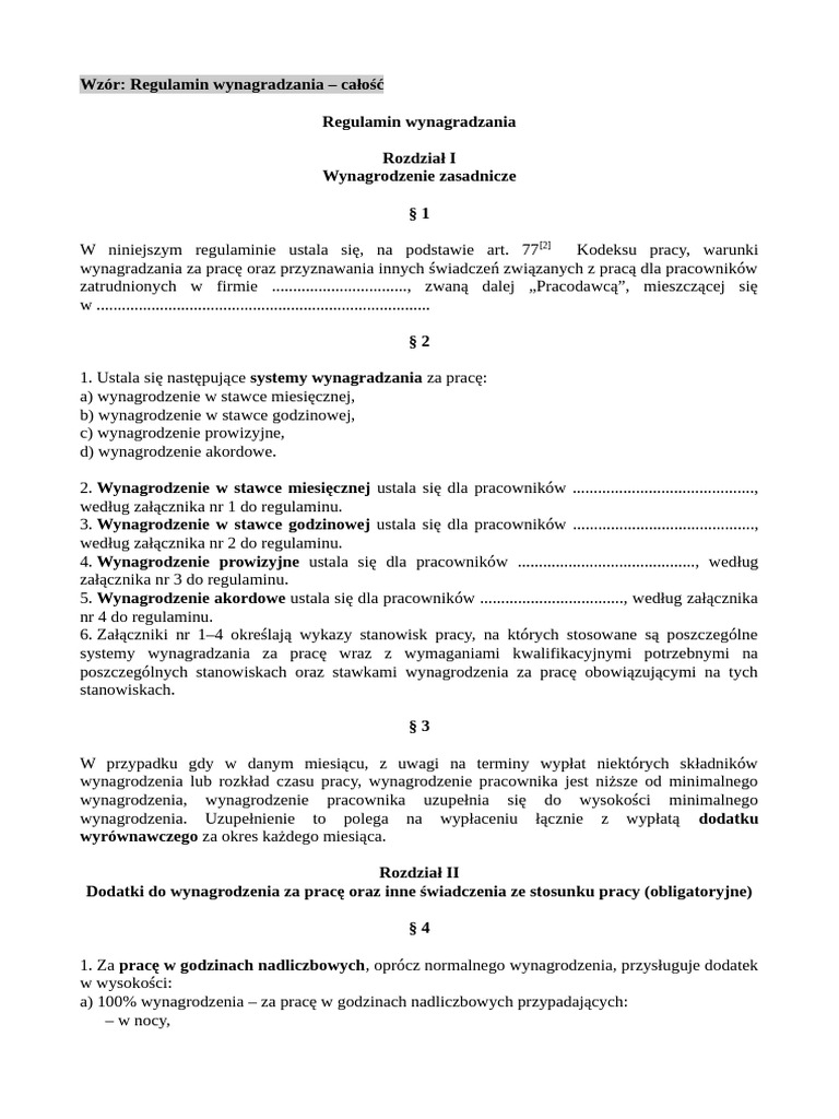 Regulamin Wynagradzania Wzor | PDF