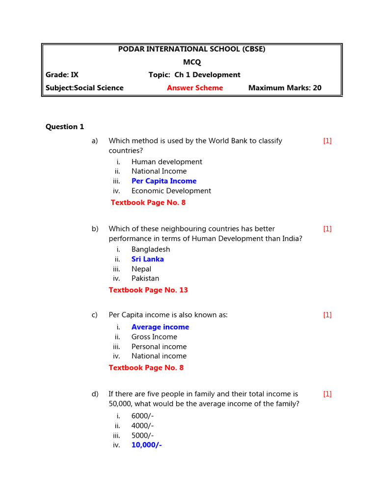 AS - CBSE - X - SS - CH 1 - Development - MCQ | PDF | Economies