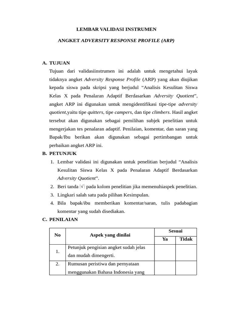 Lembar Validasi Instrumen Adversity | PDF