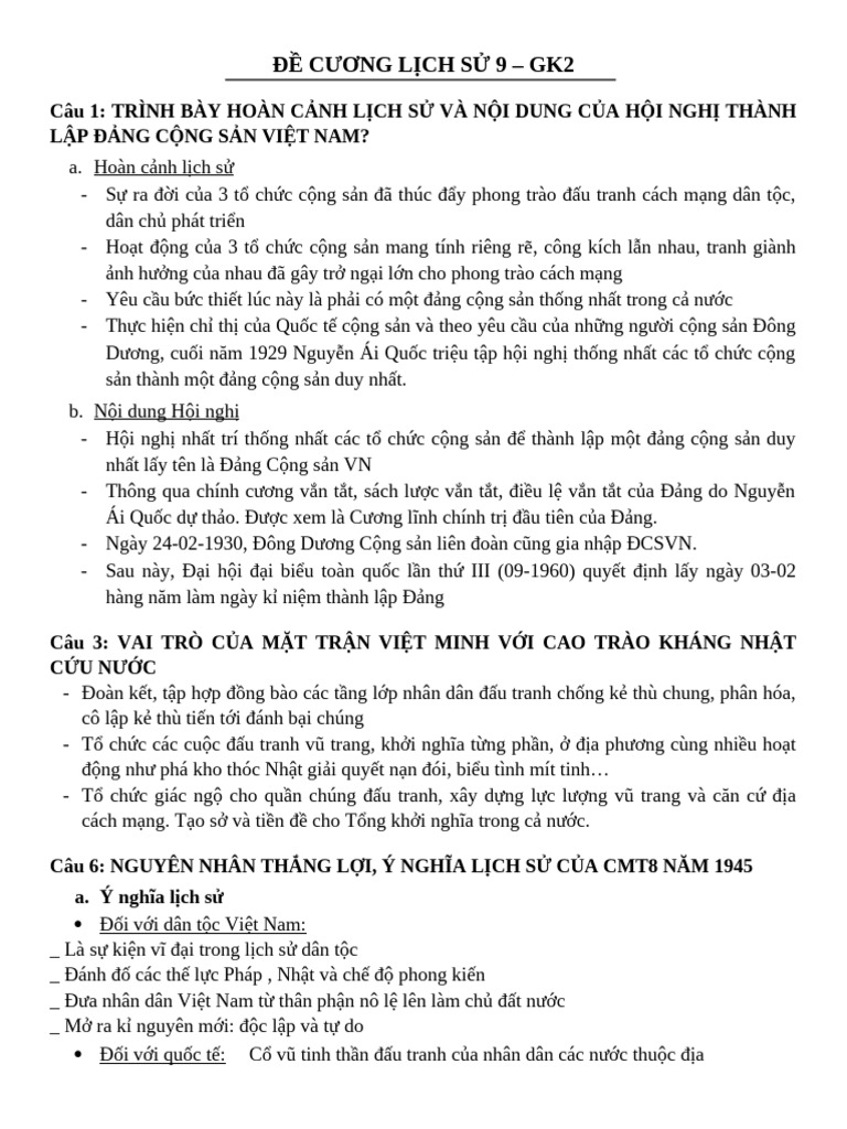 Đề Cương Lịch Sử 9 - Gk2: Câu 1: Trình Bày Hoàn Cảnh Lịch Sử Và Nội Dung Của Hội Nghị Thành Lập ...