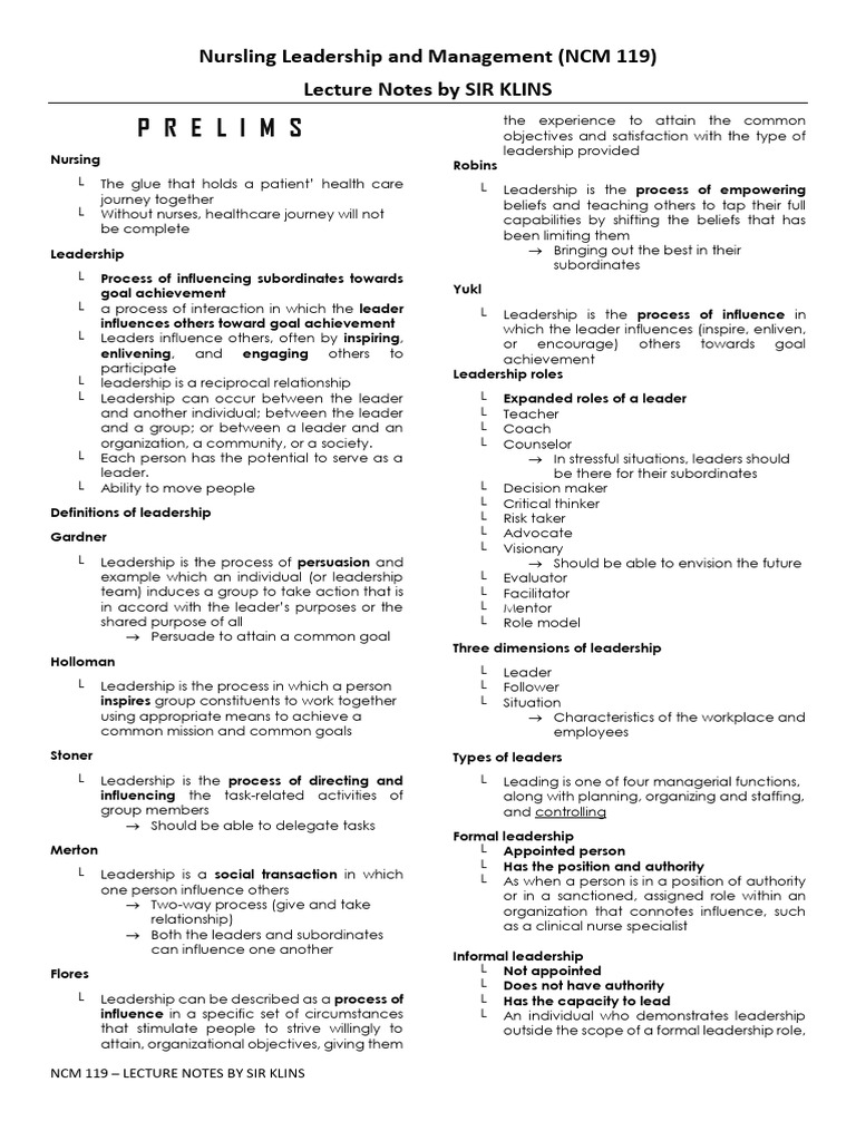 NCM 119 Leadership and MGMT | PDF | Leadership | Motivation