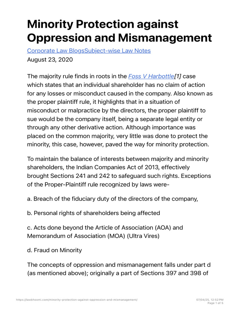 Minority Protection Against Oppression and Mismanagement | PDF ...