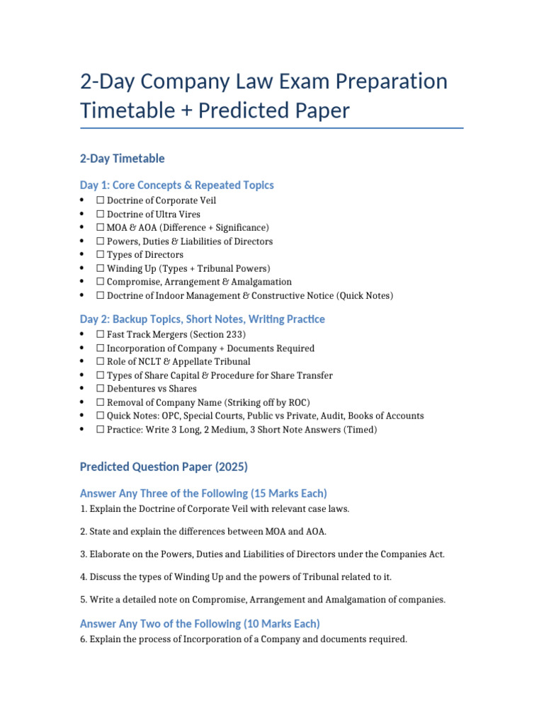 Company Law 2 Day Timetable and Predicted Paper | PDF