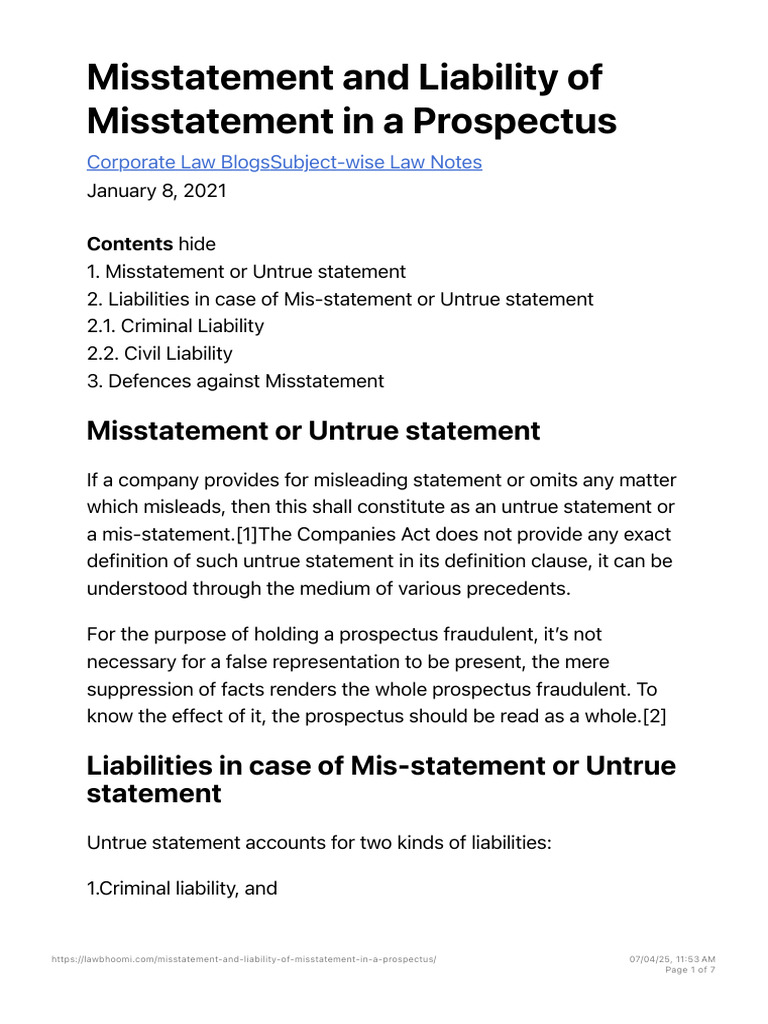 Misstatement and Liability of Misstatement in A Prospectus | PDF ...