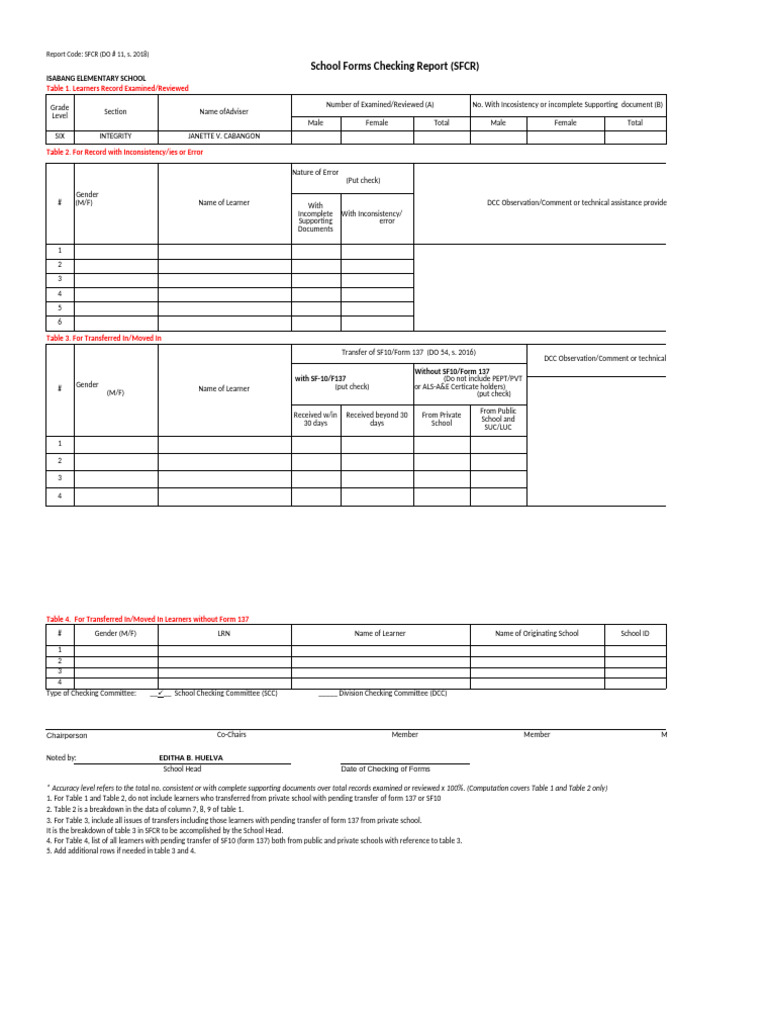 School-Forms-Checking-Report-Excel-SFCR1 (1) | PDF | Computing | Data Management