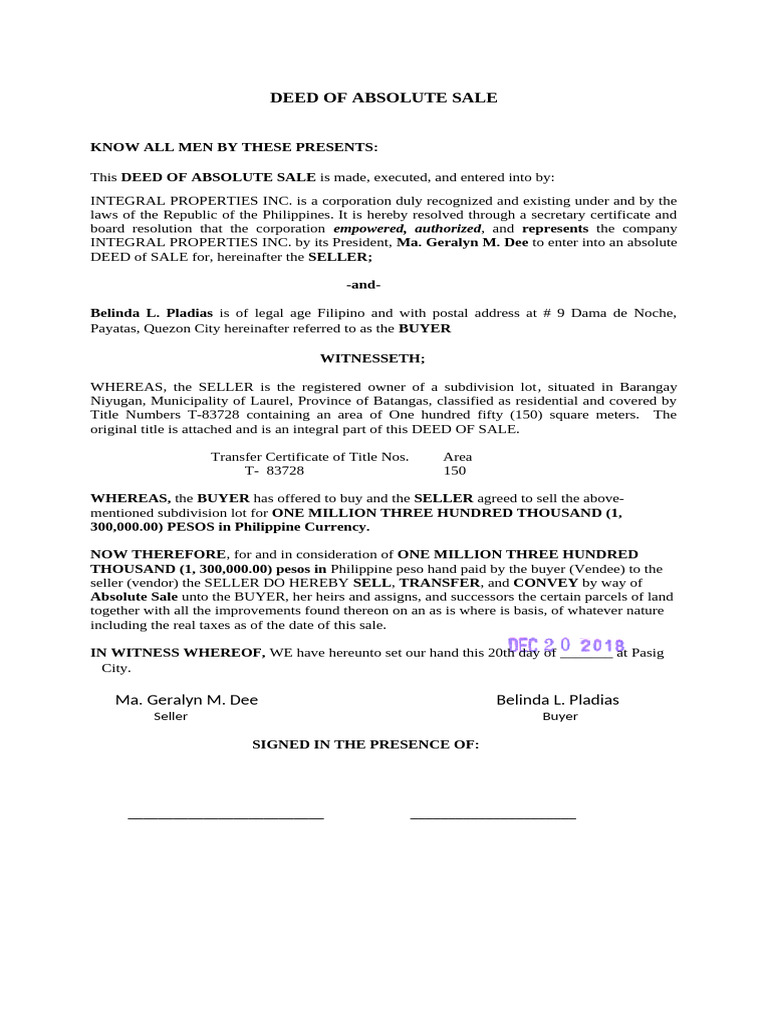 Absolute Sale of Subdivision Lot | PDF | Real Property Law | Land Law