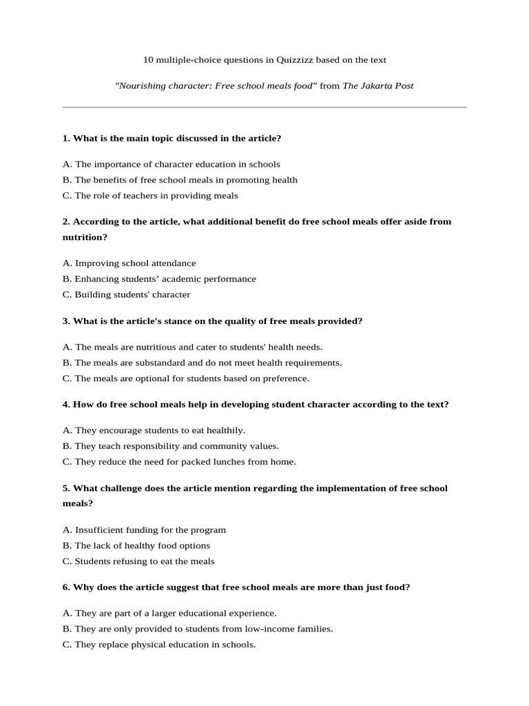 10 Multiple Choice Questions of Free Schools Meals | PDF
