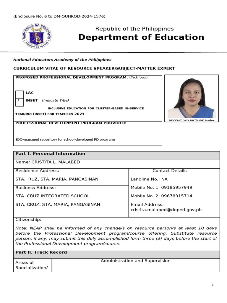 Enclosure No. 6 Curriculum Vitae of Resource Speaker - Subject-Matter ...