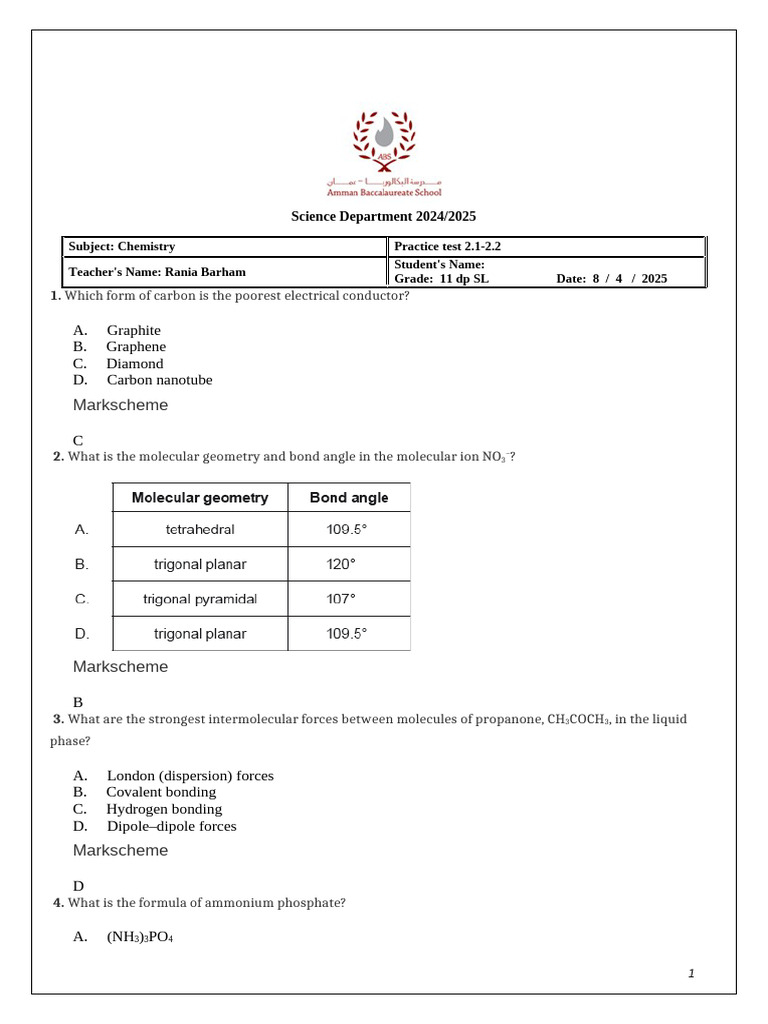 Practice Test SL Bonding 2.1 - 2.2 | PDF | Chemical Bond | Molecules