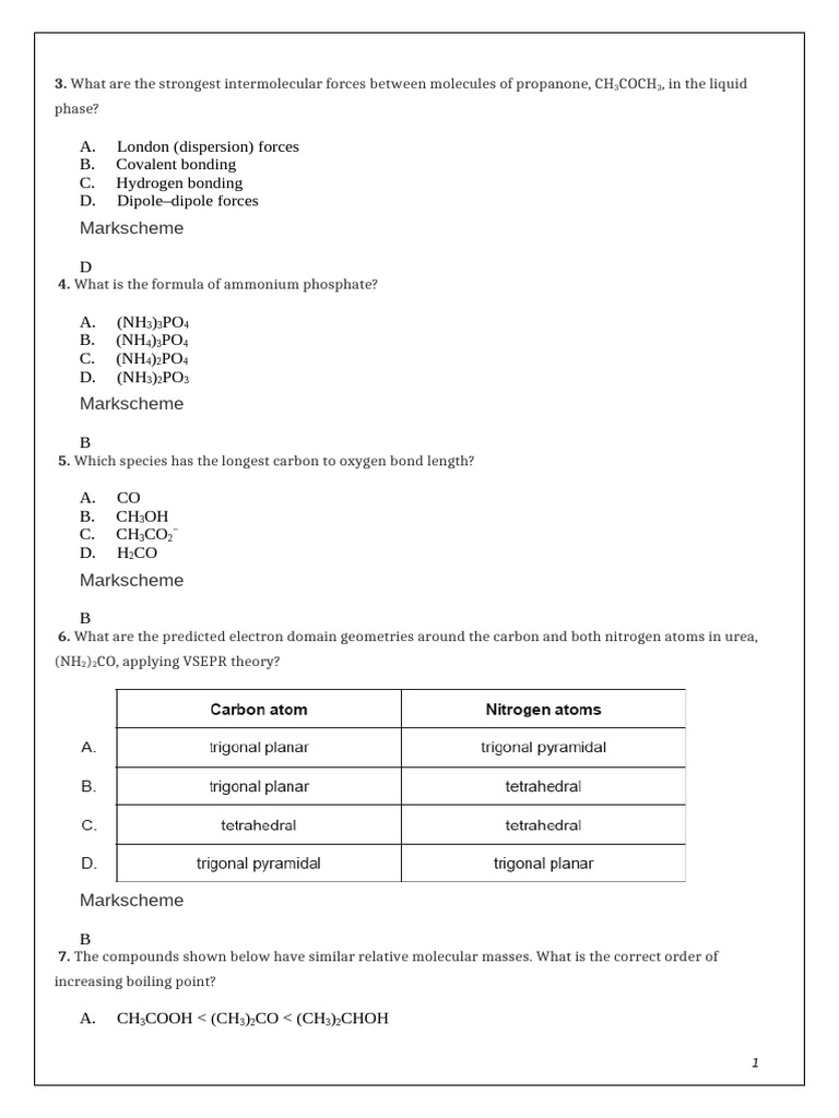 Practice Test SL Bonding 2.1 | PDF | Chemical Bond | Intermolecular Force