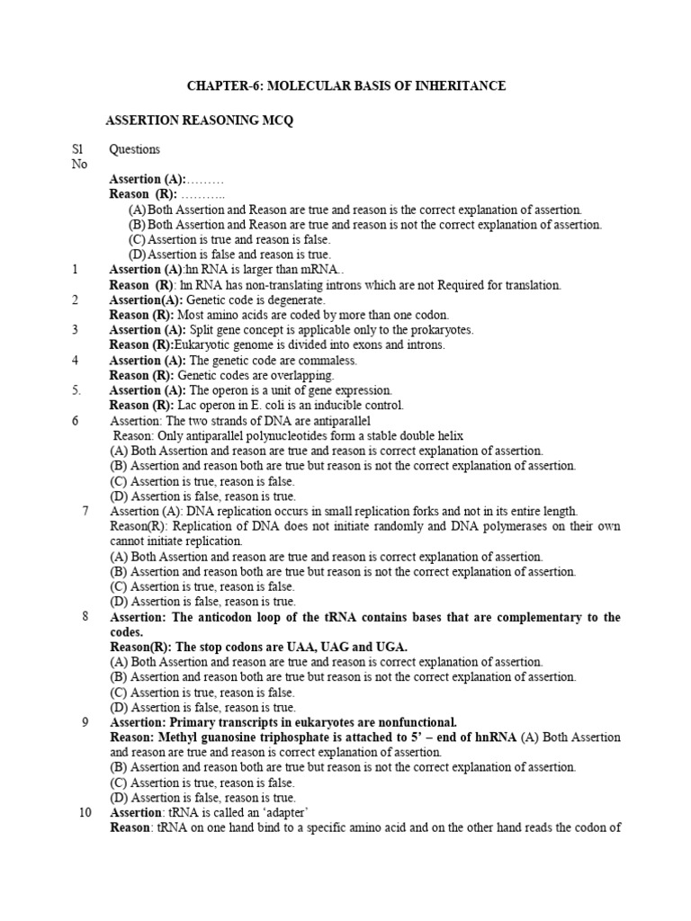 Class Xii Biology Arq Chapter 5-Molecular Basis of Inheritance Arq | PDF | Directionality ...