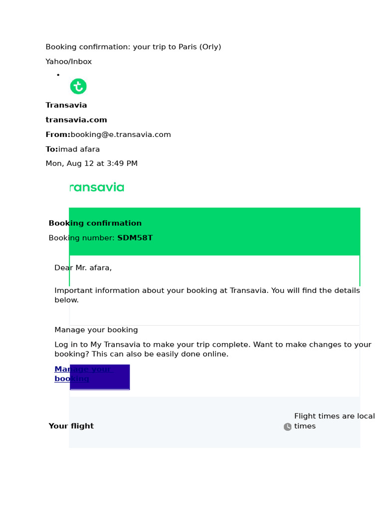 Transavia Booking Confirmation: Istanbul to Paris | PDF