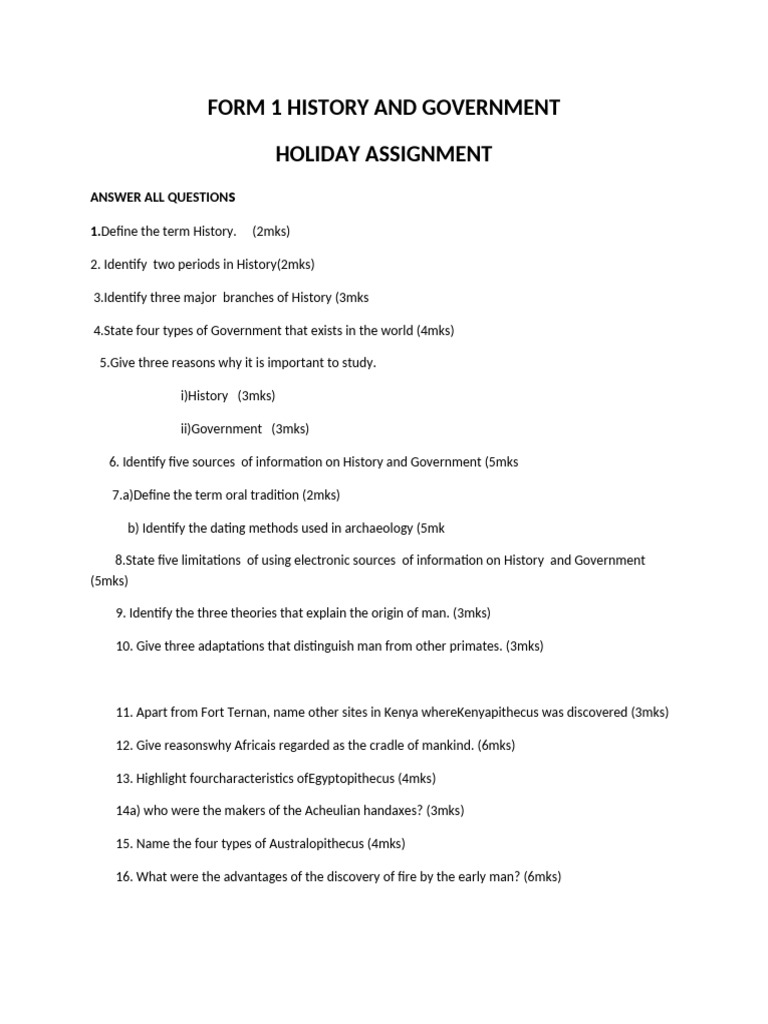 Form 1 History and Government Holiday Assignment: Answer All Question 1 ...
