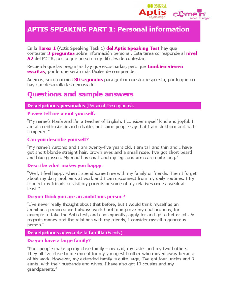 SPEAKING PART 1 Sample Questions Personal Information | PDF