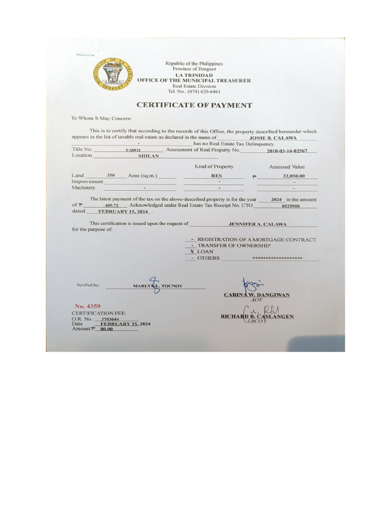 Cert. of Payment Jonie Calawa Prop | PDF