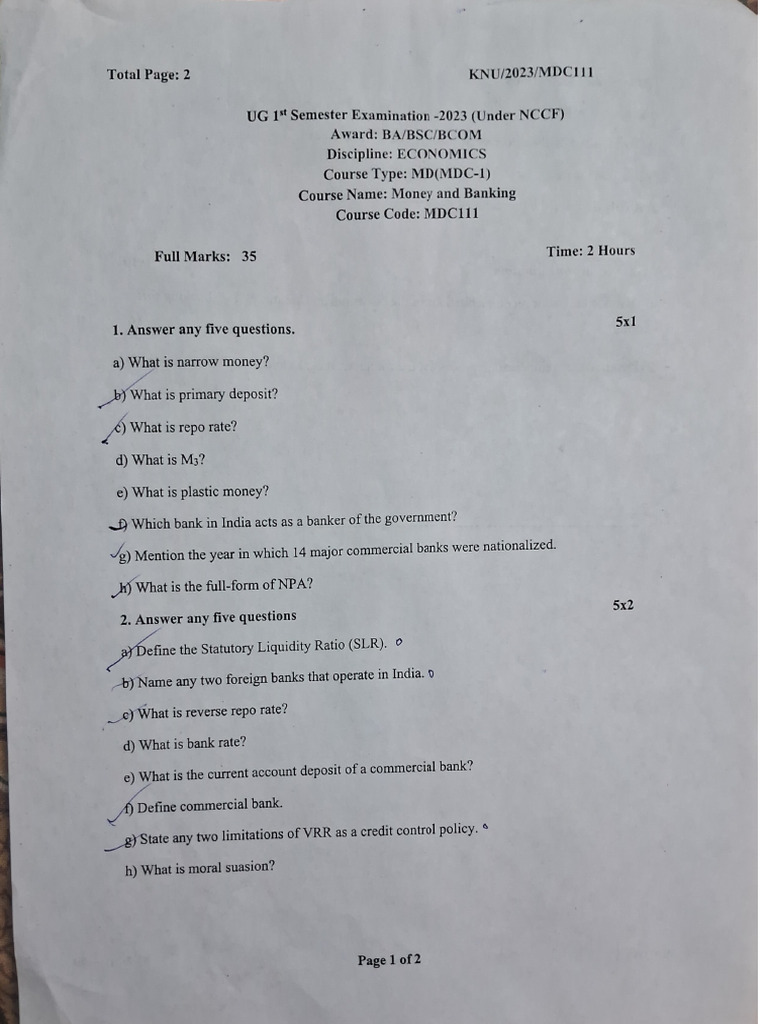 Money and Banking Question Paper 2023 Kazi Nazrul University. Asansol ...