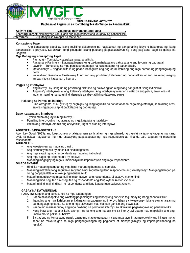 LAS Balangkas NG Konseptong Papel | PDF