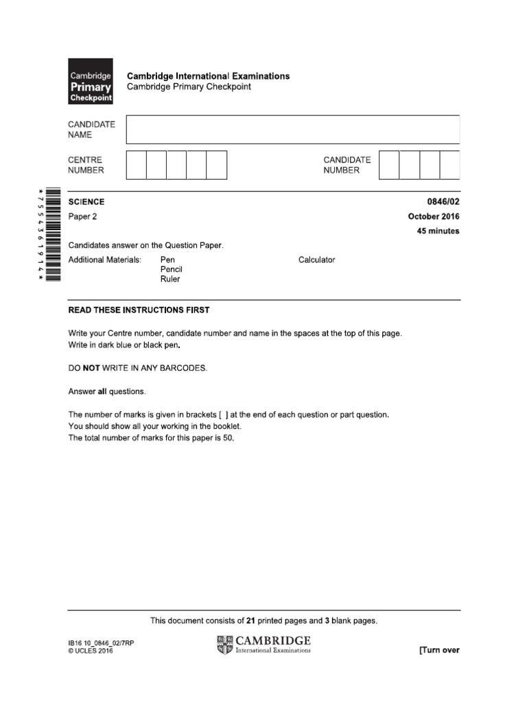 Science Past Paper 2 2016 Cambridge | PDF