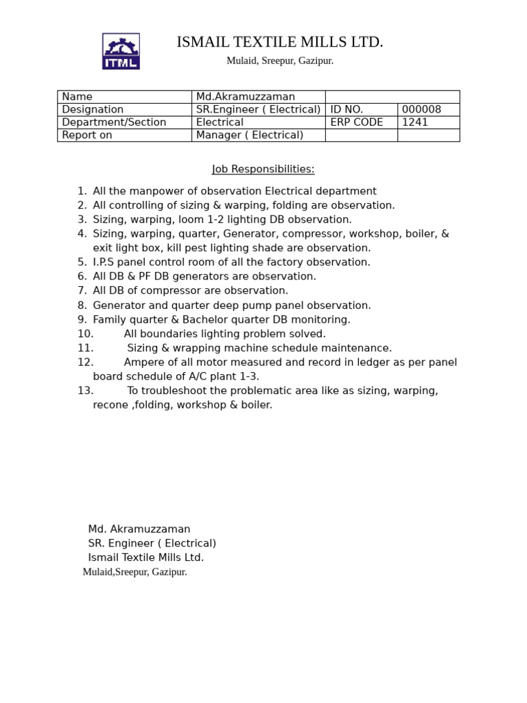 Job Responsibilities Sumon VI | PDF