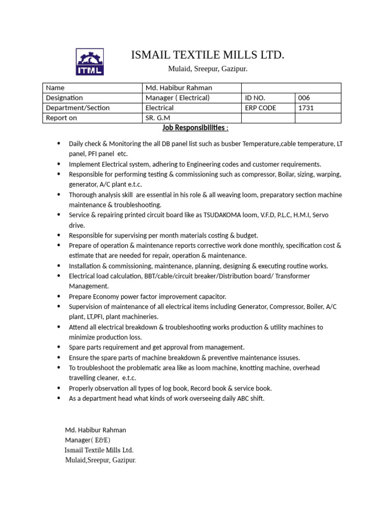 Electrical Manager Job Responsibilities | PDF