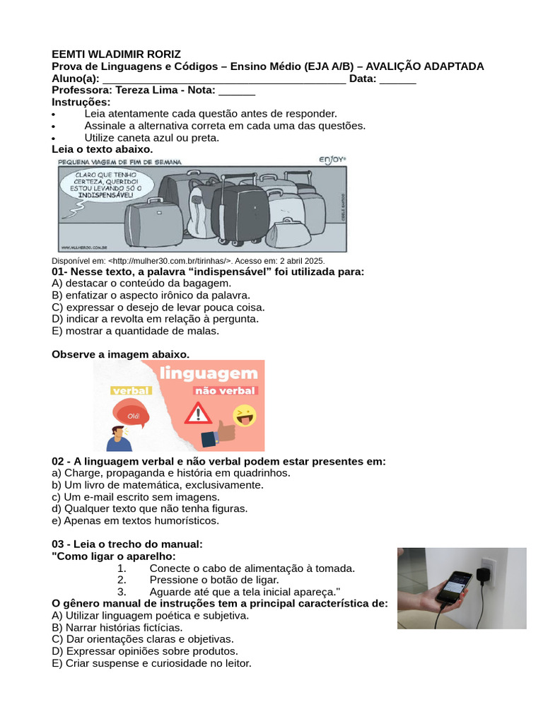 Prova Adaptada Eja Tereza Lima | PDF