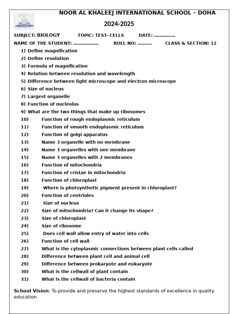 Biology Test: Cell Structure & Functions | PDF