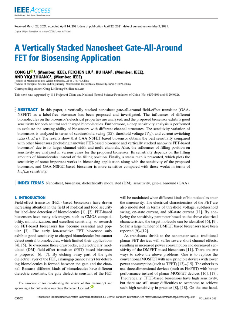 A Vertically Stacked Nanosheet Gate-All-Around FET For Biosensing Application | PDF | Field ...