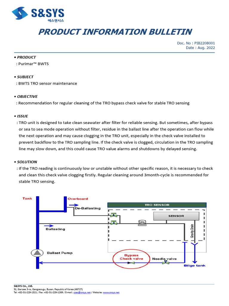 Purimar BWTS TRO Sensor Maintenance Guide | PDF | Valve | Hydraulics