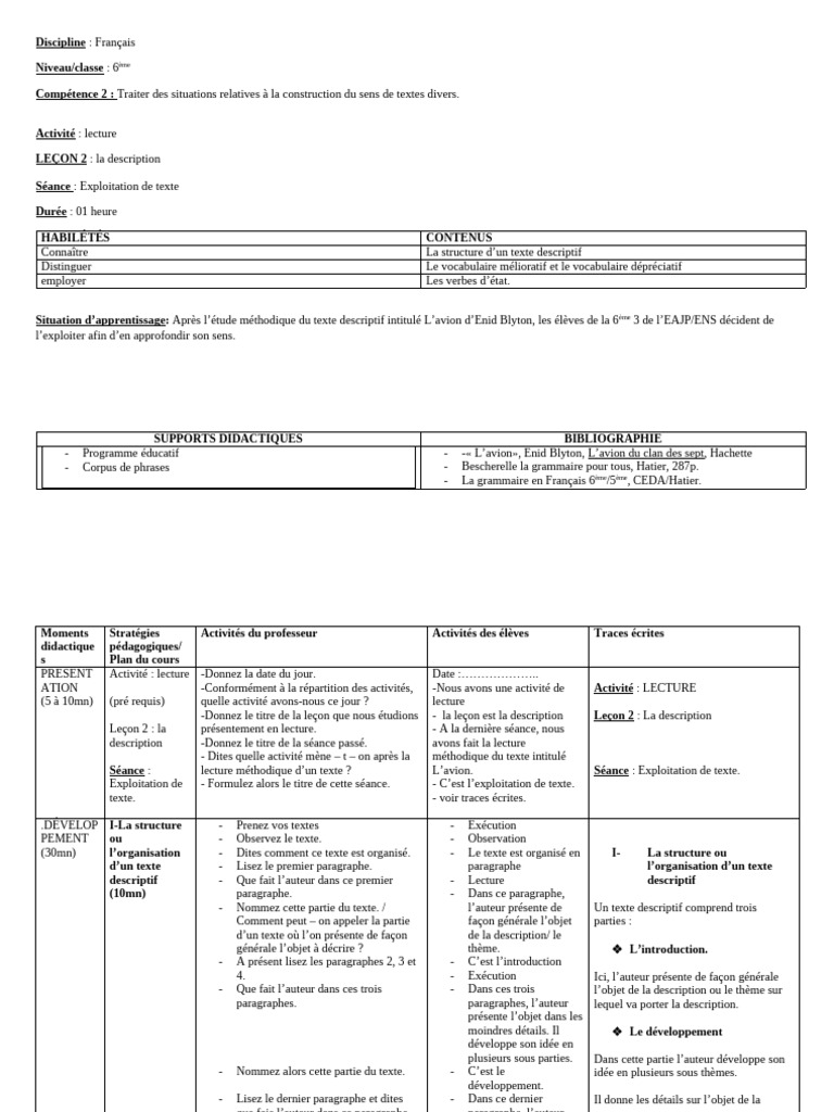 Exploitation de Texte Descriptif 1 L'avion | PDF | Lexique | Verbe