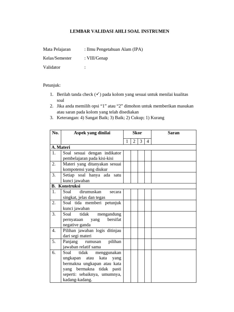 Lembar Validasi Ahli Soal Instrumen | PDF