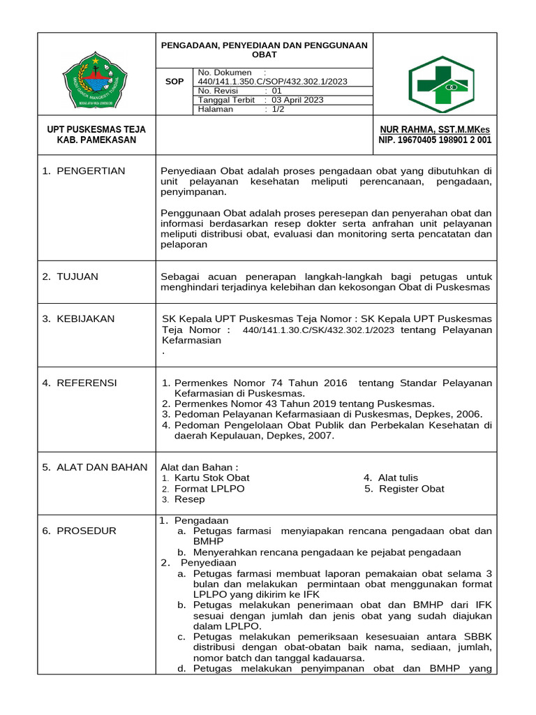 SOP Pengadaan, Penyediaan & Penggunaan Obat Teja | PDF