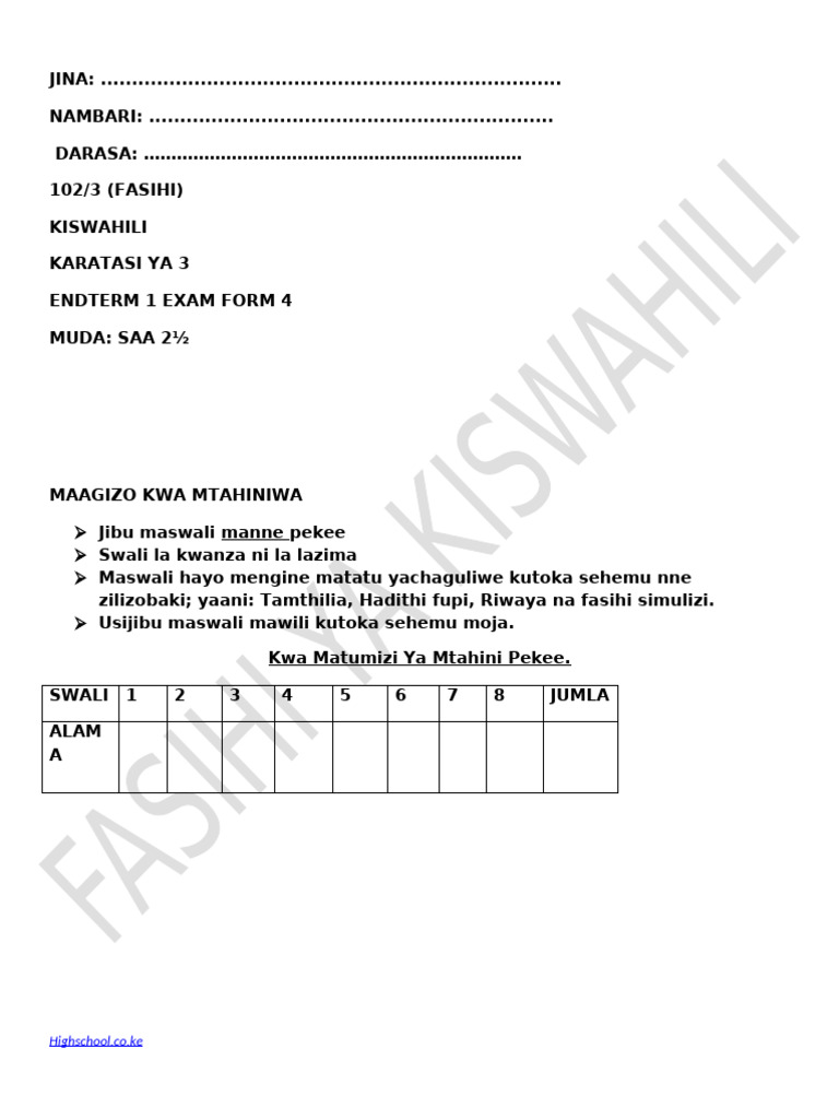 Endterm 1 Exam Kiswa Form 4 p3 | PDF