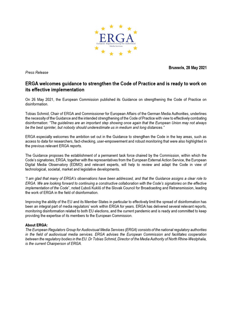 ERGA PR Guidance CoP Disinformation Final | PDF | European Commission | European Union