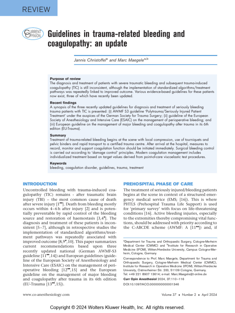 Guidelines in Trauma-Related Bleeding and Coagulopathy | PDF | Bleeding ...