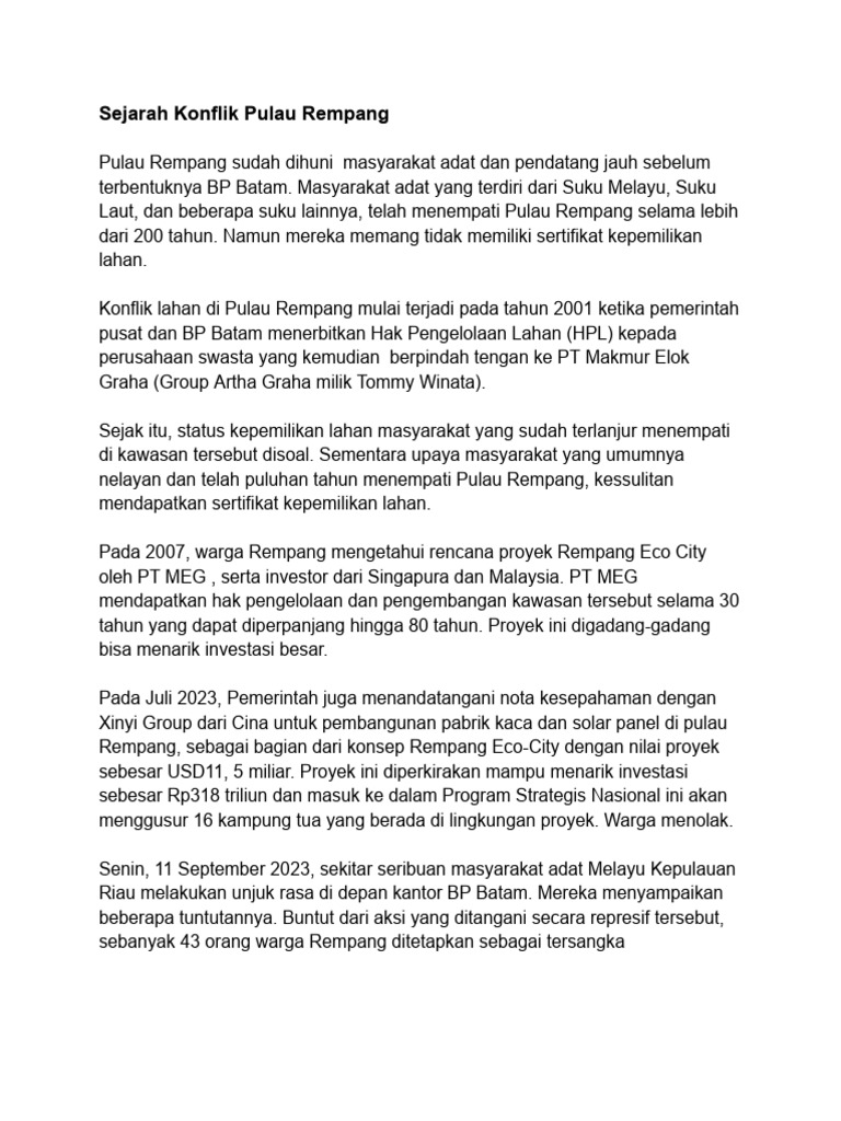Sejarah Konflik Pulau Rempang | PDF