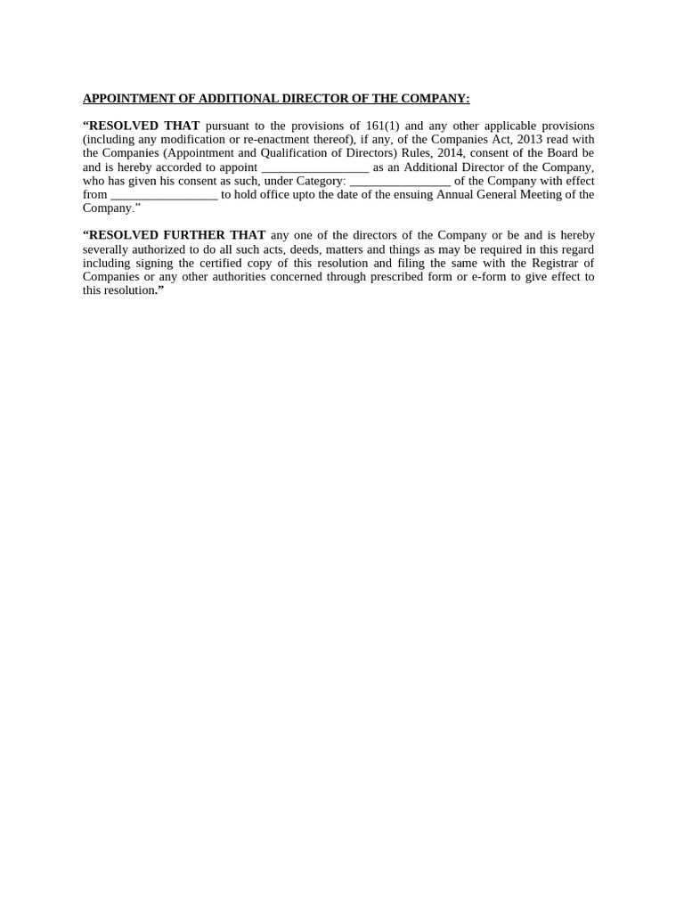 Appointment of Additional Director Resolution | PDF