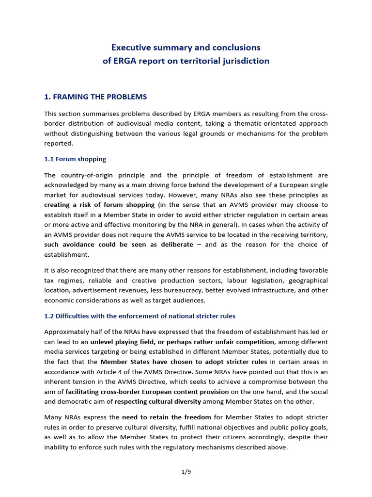 ERGA Report on Audiovisual Jurisdiction Issues | PDF | Market ...