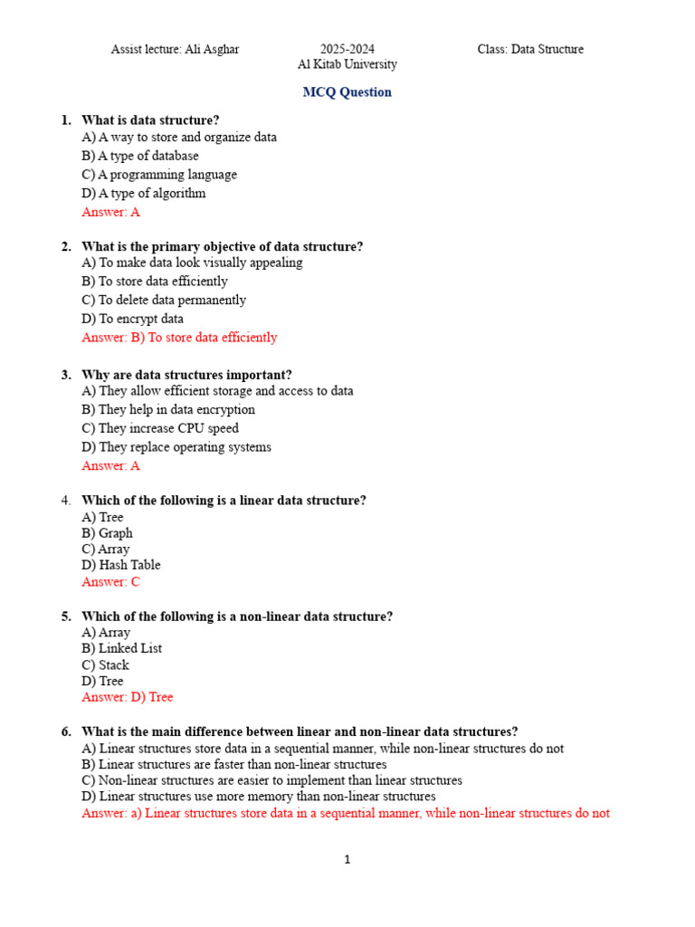 Mcq Quastion Al Kitab University | PDF | Queue (Abstract Data Type) | Integer (Computer Science)