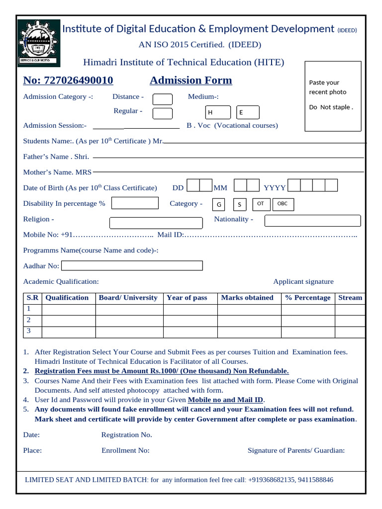 IDEED Admission Form for Vocational Courses | PDF | Vocational Education | Educational Stages