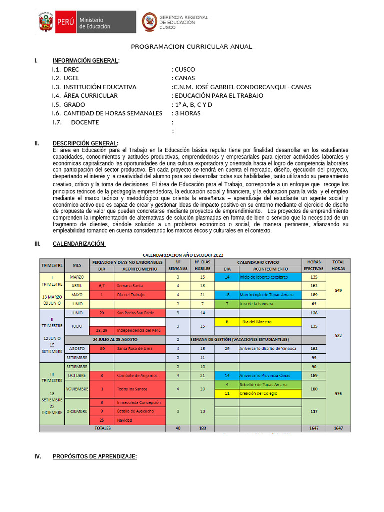 Programación anual 2023 EPT de 1° a 5° | PDF | Iniciativa empresarial | Evaluación