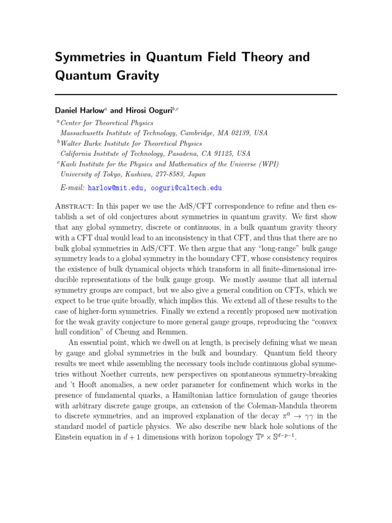 Symmetries in Quantum Field Theory and Quantum Gravity: Daniel Harlow and Hirosi Ooguri | PDF ...