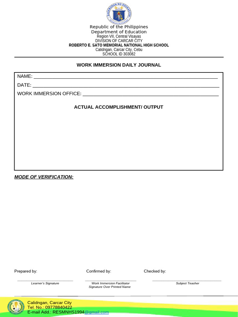 Work Immersion Daily Journal | PDF