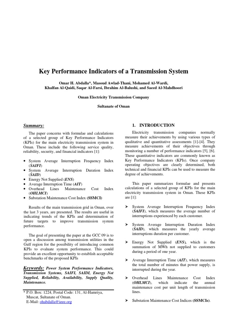 Key Performance Indicators of A Transmission System | PDF | Electric ...