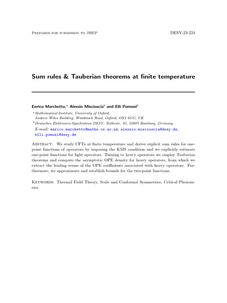 Sum rules & Tauberian theorems at finite temperature | PDF | Mathematical Concepts | Quantum ...