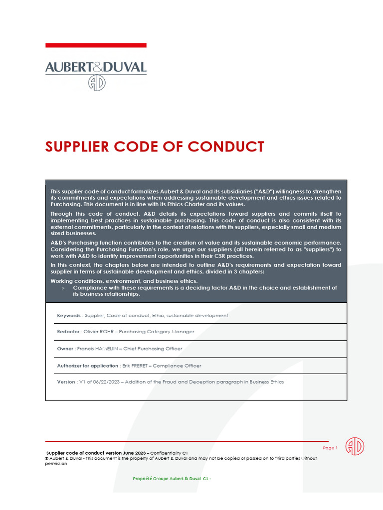 Aubert & Duval Supplier Code of Conduct | PDF | Supply Chain | Business
